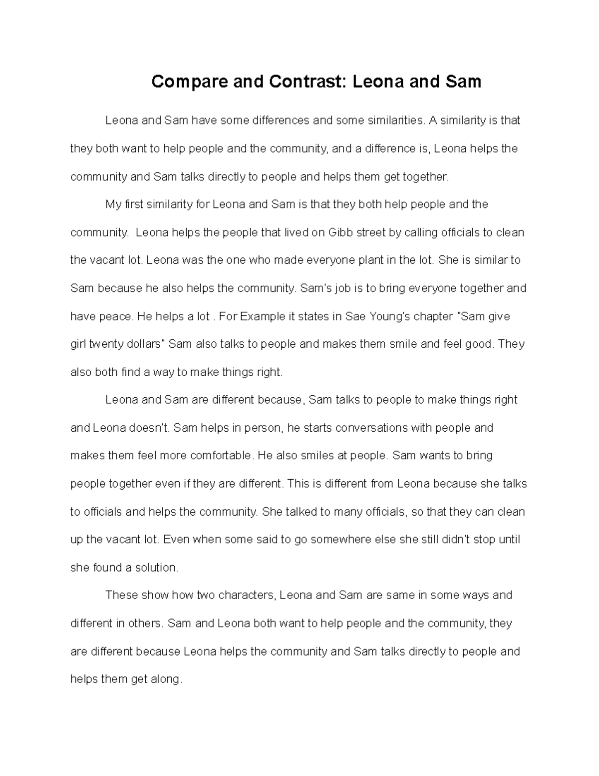 Seedfolks Literary Essay - Compare and Contrast: Leona and Sam Leona ...