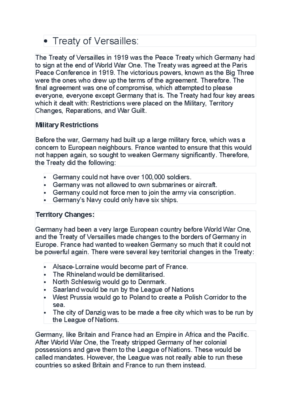 History mock revision - Treaty of Versailles: The Treaty of Versailles ...