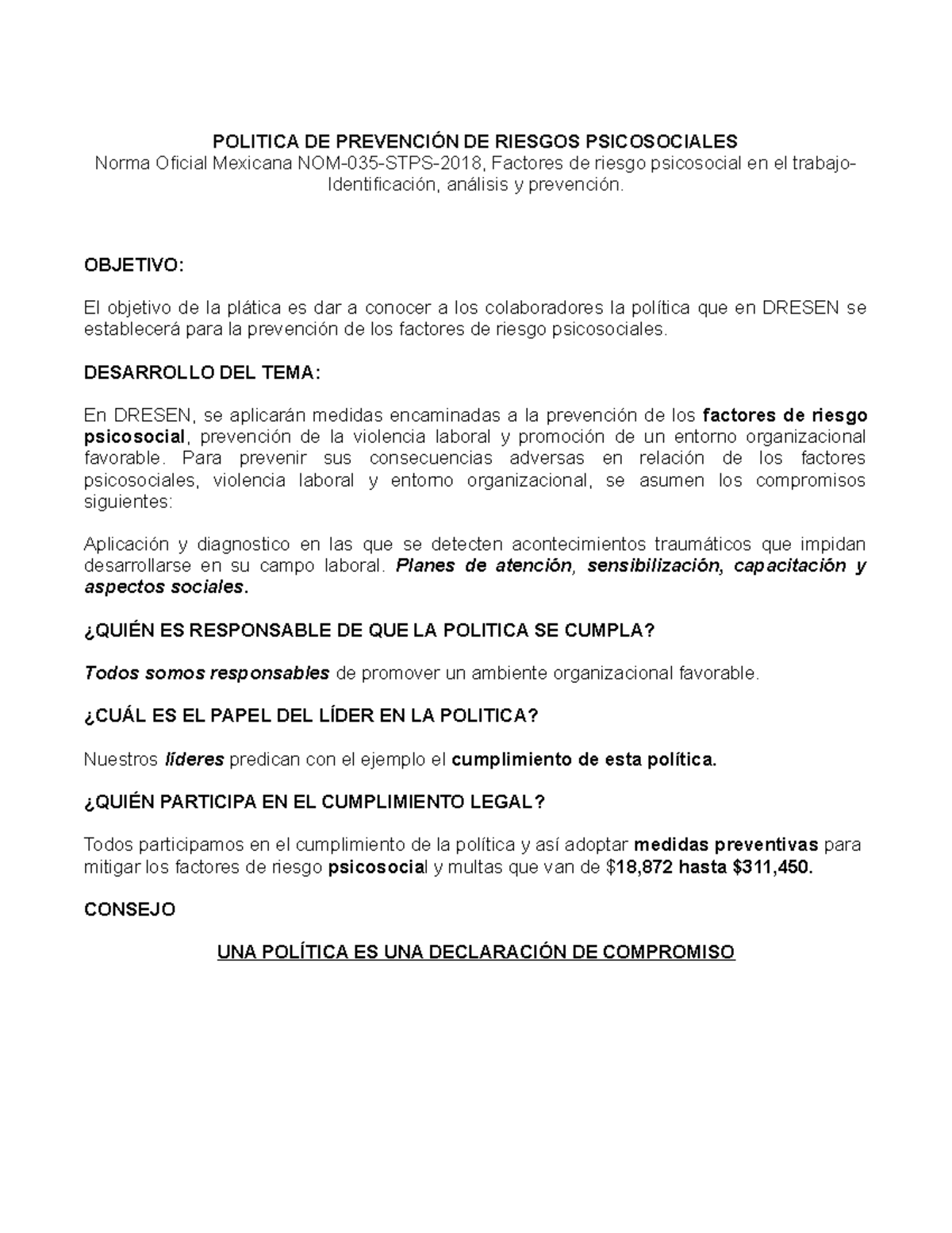 NOM-035 Politica DE Prevencion DE Riesgos Psicosociales - POLITICA DE ... NOM-035 Politica DE Prevencion DE Riesgos Psicosociales - POLITICA DE ...