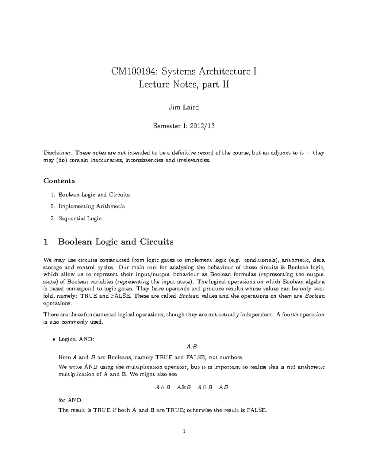 Cm10194 Lecture Notes 02 Cm100194 Systems Architecture I Lecture Notes Part Ii Jim Laird