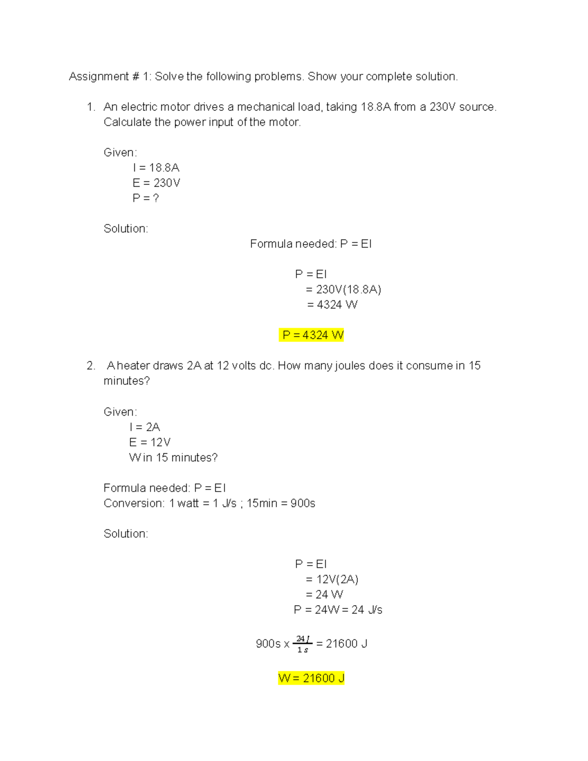 Elec workshop - Assignment - Assignment # 1: Solve the following ...