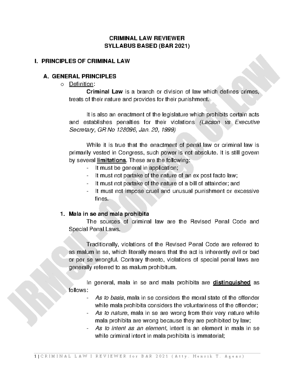 Criminal Law 1 Bar Reviewer 2021 - CRIMINAL LAW REVIEWER SYLLABUS BASED ...