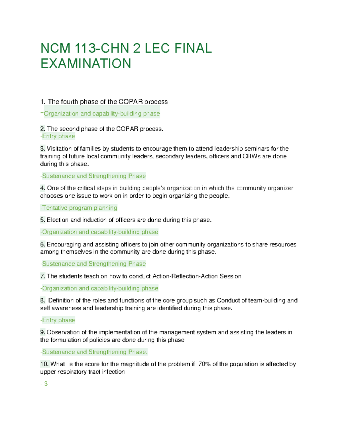NCM 113 examination - NCM 113-CHN 2 LEC FINAL EXAMINATION 1. The fourth ...