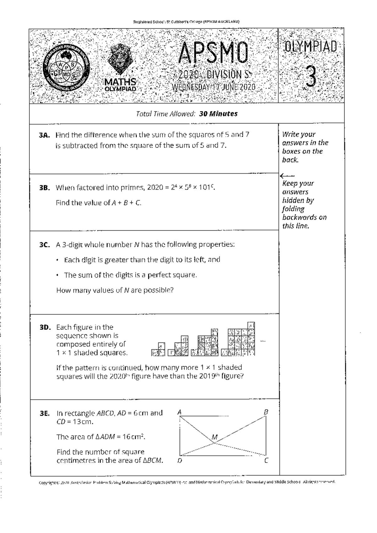 Apsmo Set 3 2020 Questions - Registered School: St College (EPSOM ...