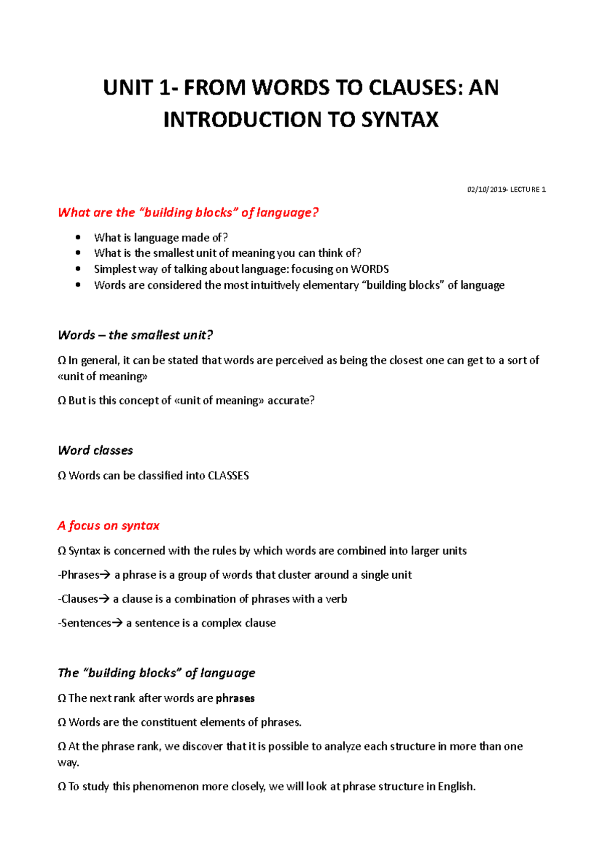 Unit 1- English Syntax - UNIT 1- FROM WORDS TO CLAUSES: AN INTRODUCTION TO SYNTAX 02/10/2019 ...