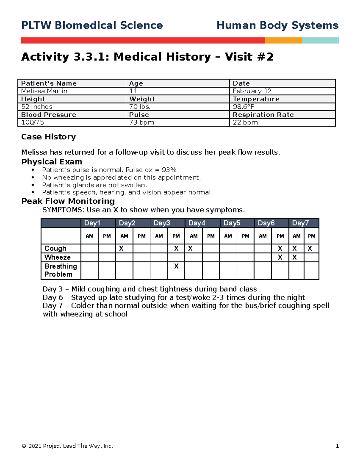 HBS 331 Medical History 2 - PLTW Biomedical Science Human Body Systems ...