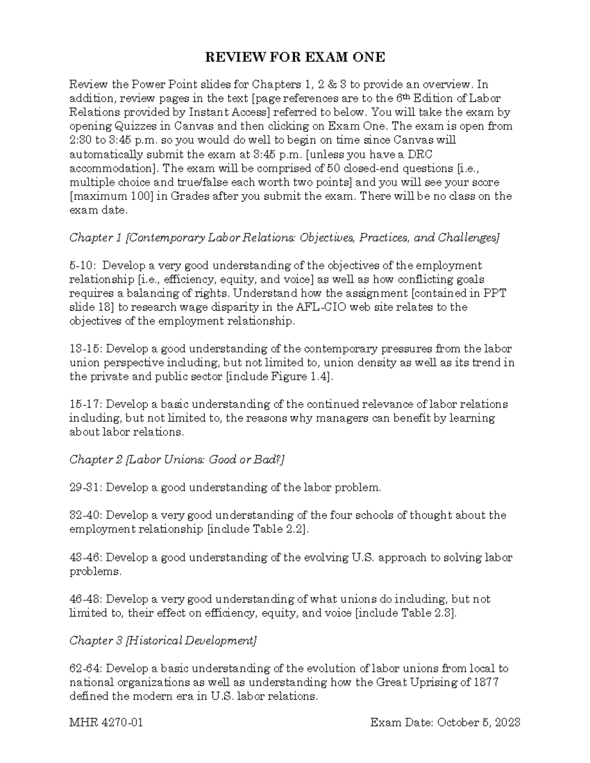 Review Exam One 4270 1 F 2023 - MHR 4 270 - 01 Exam Date: October 5, 2023 REVIEW FOR EXAM ONE ...