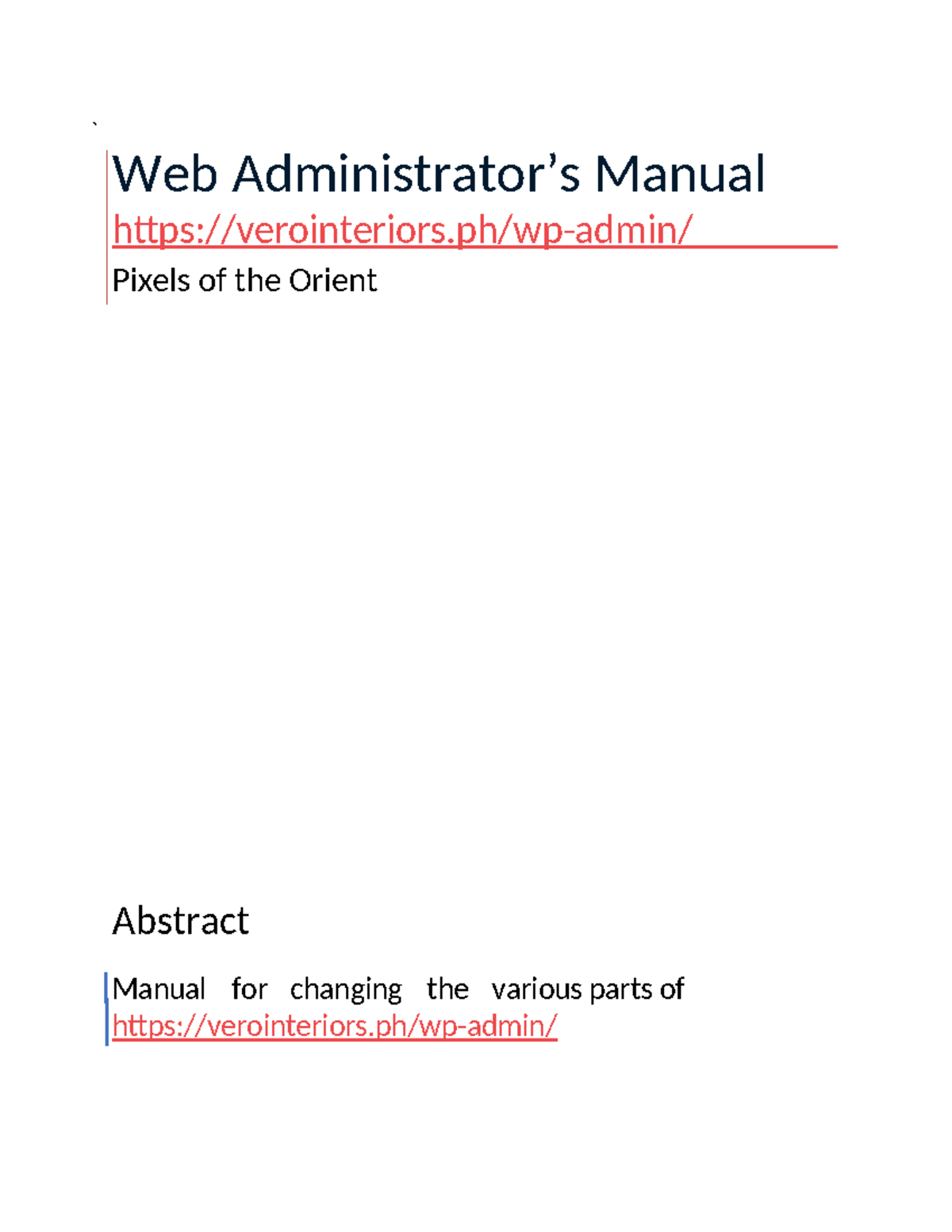 Web Manual - ` Web Administrator’s Manual verointeriors/wp-admin/ Pixels of the Orient Abstract ...