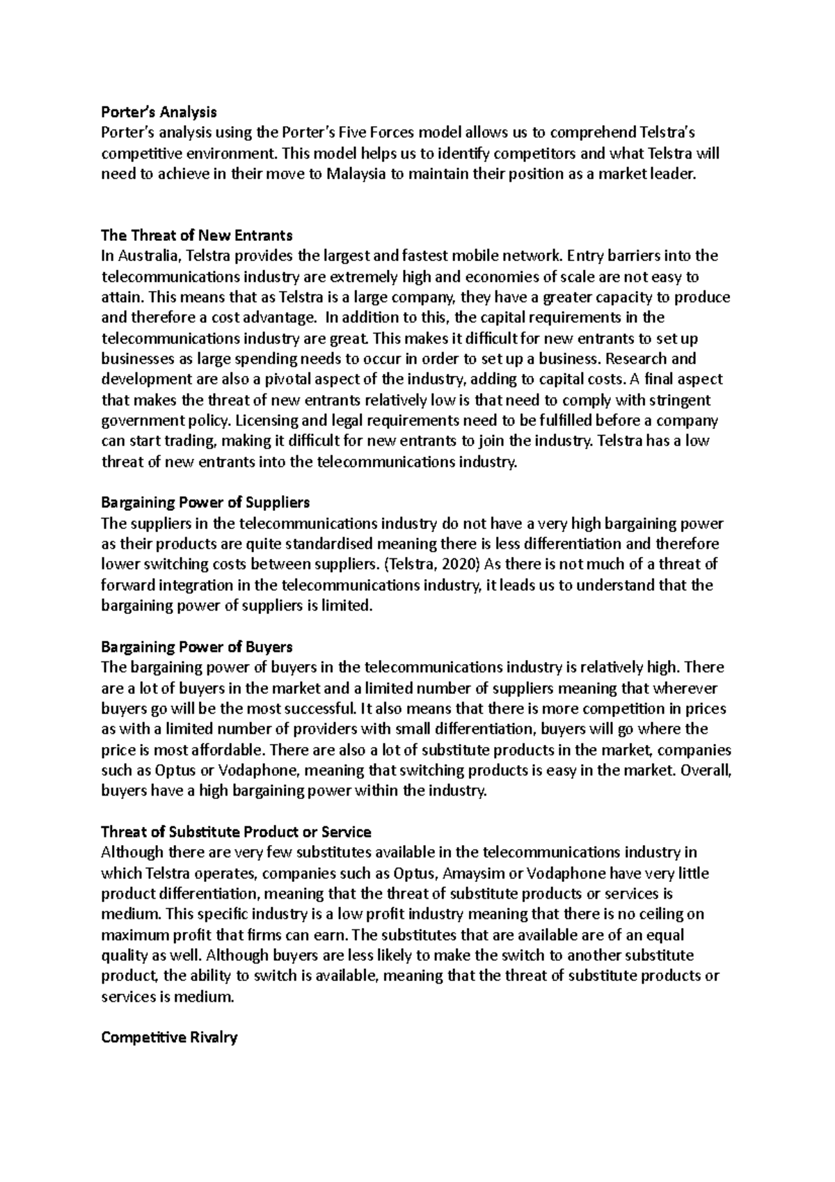 Telstra 5 forces model - Porter’s Analysis Porter’s analysis using the ...