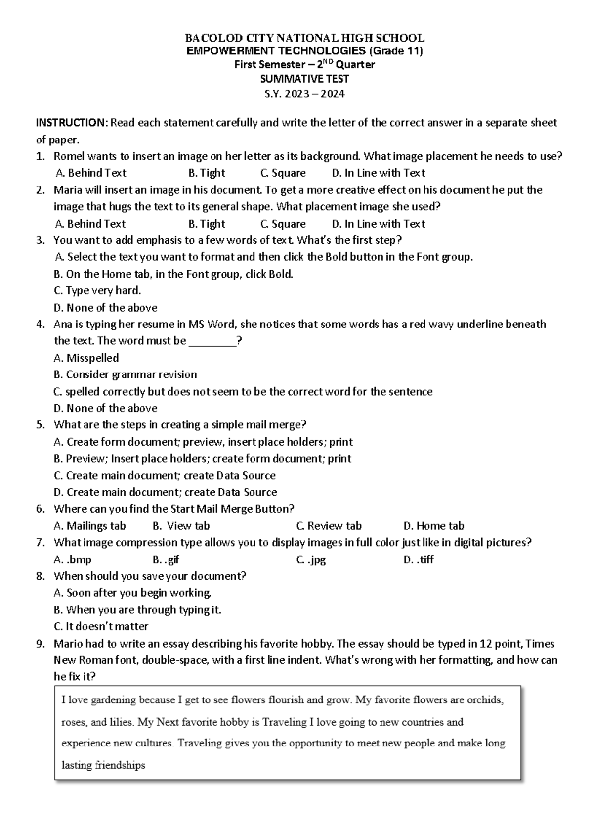 EMP TECH Q2- Summative-TEST-G11 - BACOLOD CITY NATIONAL HIGH SCHOOL ...