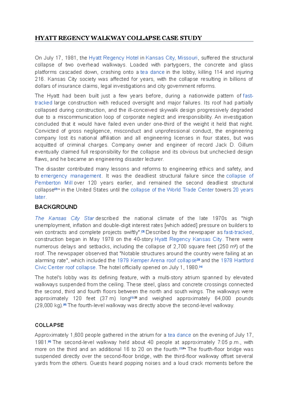 Hyatt Regency Walkway Collapse CASE Study - HYATT REGENCY WALKWAY COLLAPSE CASE STUDY On July 17 ...