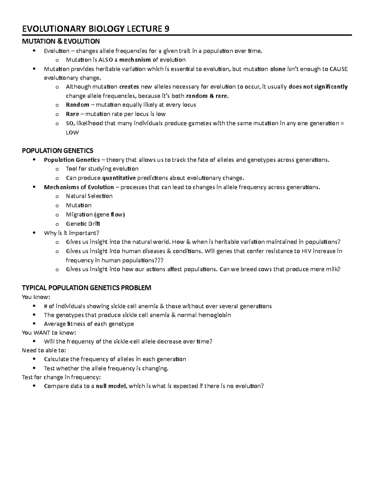 Evolutionary Biology Lecture Notes 9-14 - EVOLUTIONARY BIOLOGY LECTURE ...