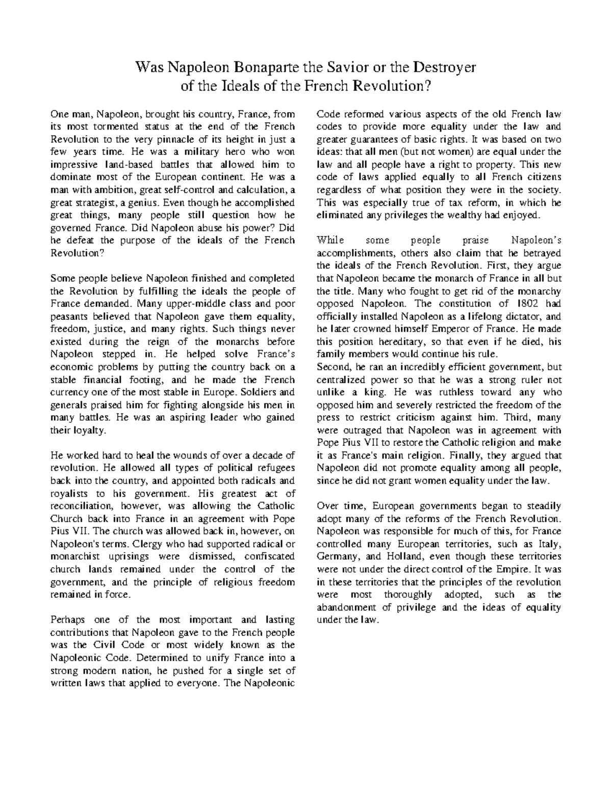 Napoleon-Activity - Napoleon grade 10 - Was Napoleon Bonaparte the ...