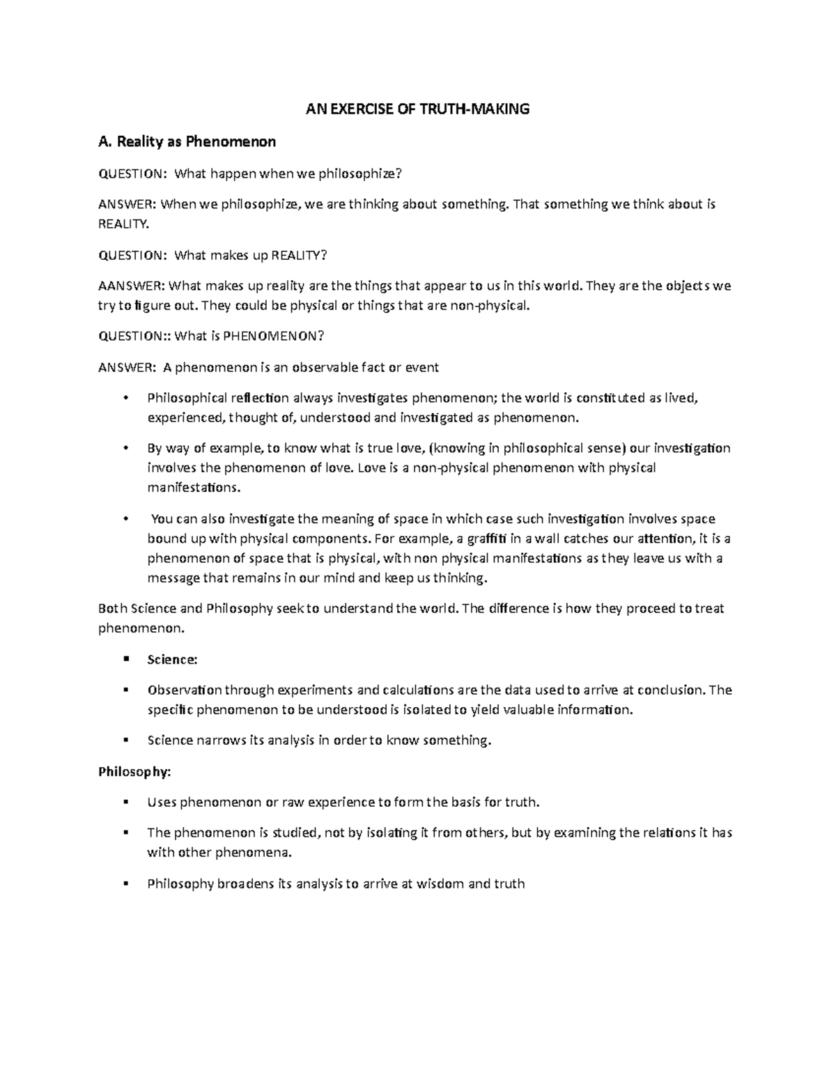 AN Exercise OF Truth - Lecture notes 1 - AN EXERCISE OF TRUTH-MAKING A ...