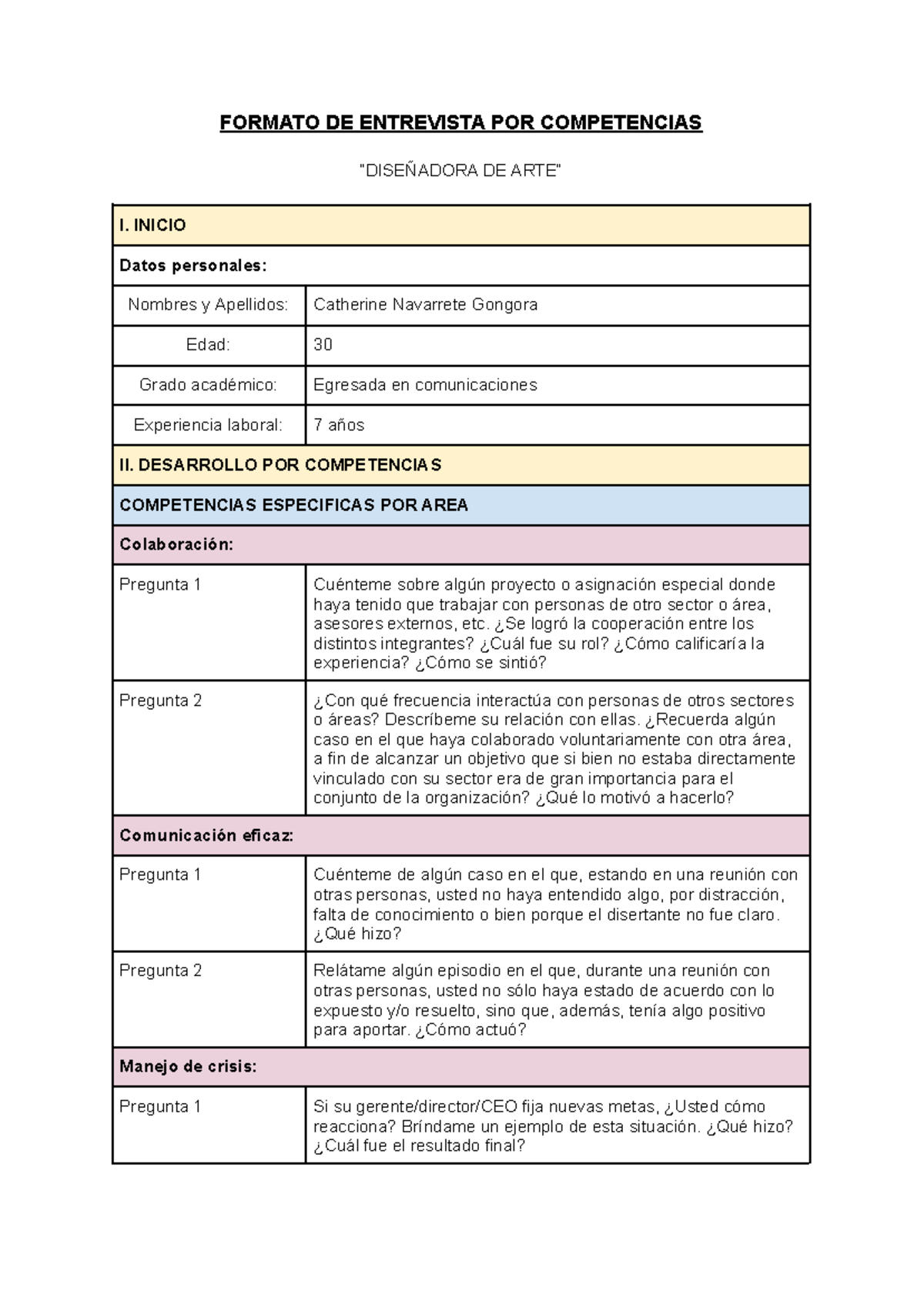 Formato DE Entrevista POR Competencias - FORMATO DE ENTREVISTA POR COMPETENCIAS “DISEÑADORA DE ...
