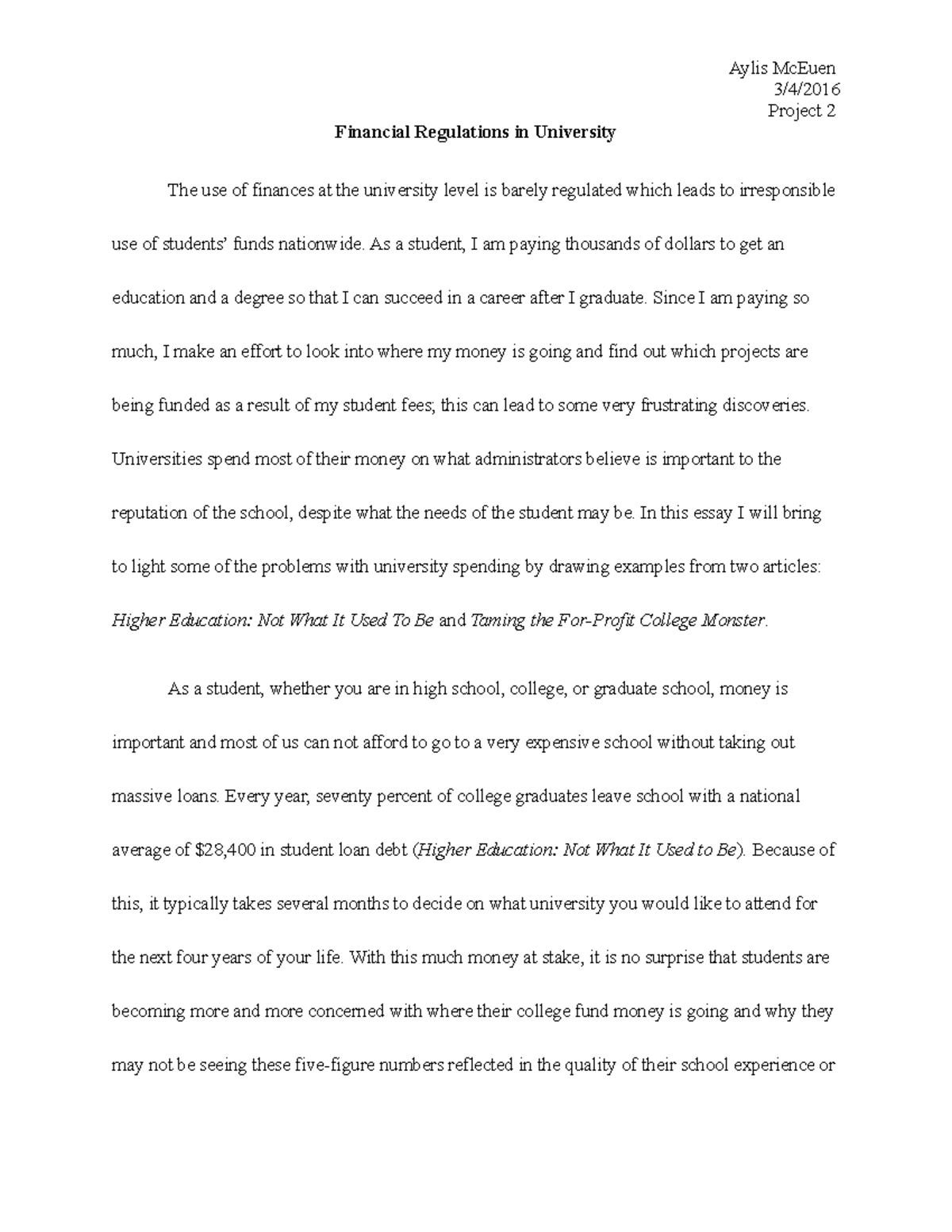 Project 2 Comp 150 Draft - Financial Regulations in University Project ...