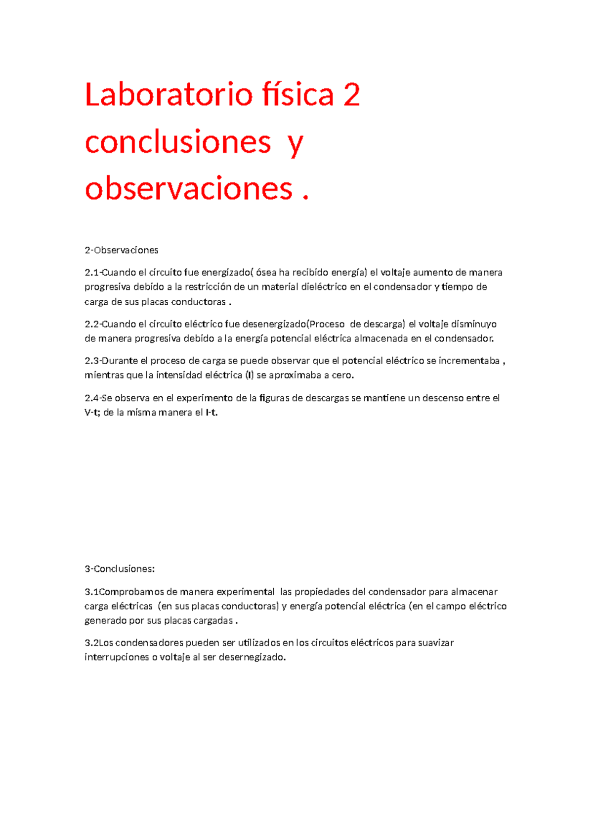 LAB Fisica 2 - Laboratorio - Laboratorio física 2 conclusiones y observaciones. 2-Observaciones ...