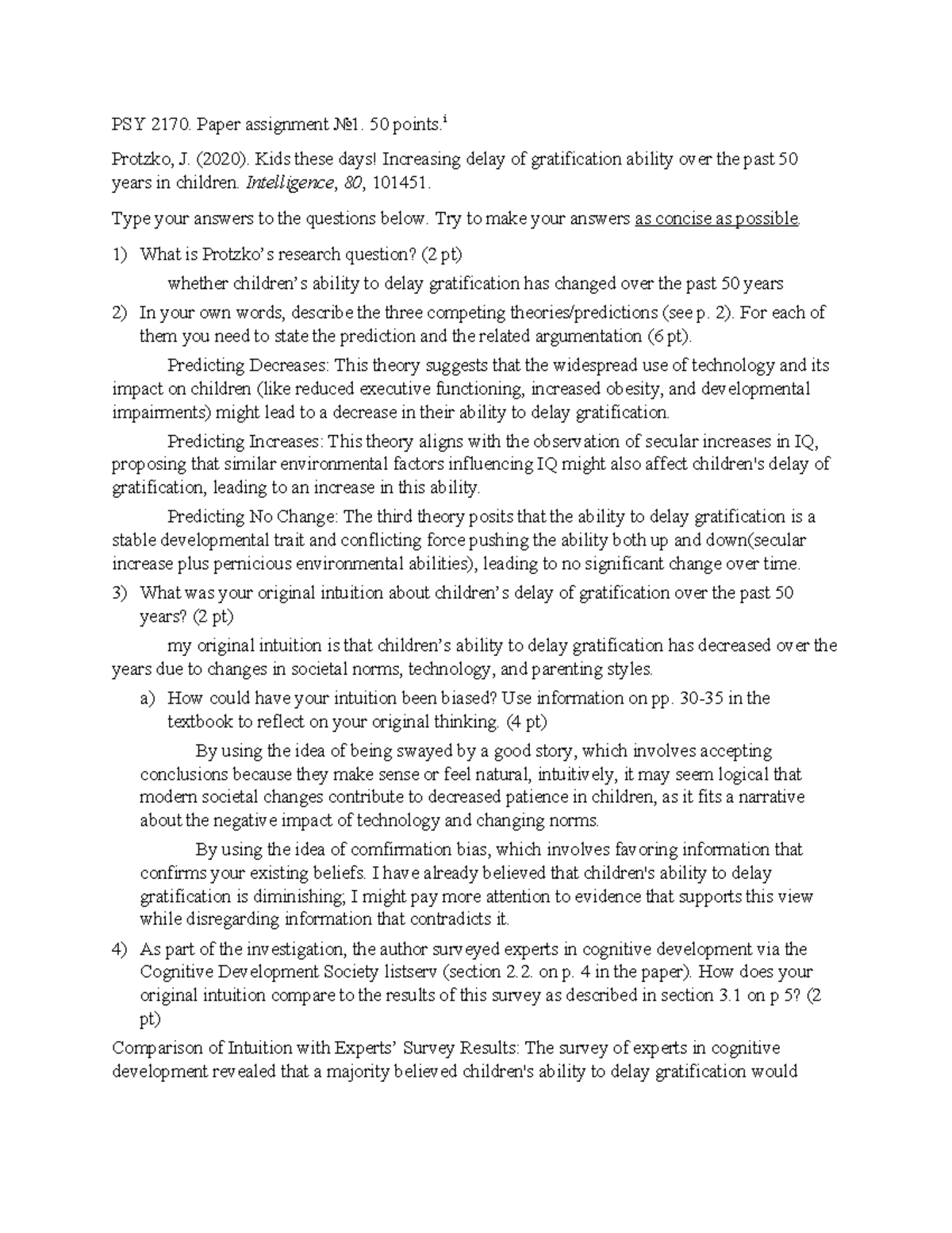 HW1 - answer for hw1 - PSY 2170. Paper assignment No1. 50 points Protzko, J. (2020). Kids these ...