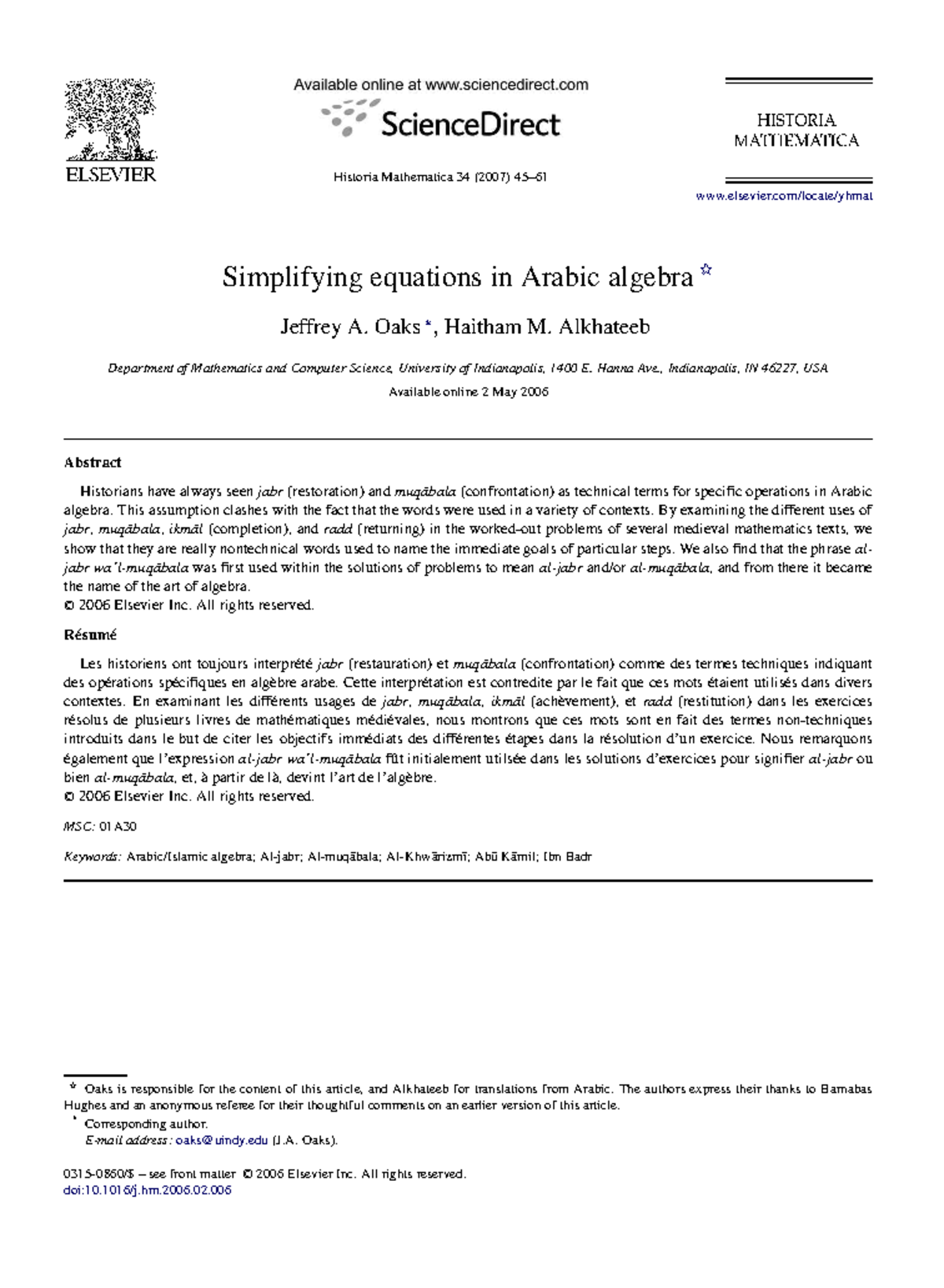 Simplifying equations in Arabic algebra - Historia Mathematica 34 (2007 ...