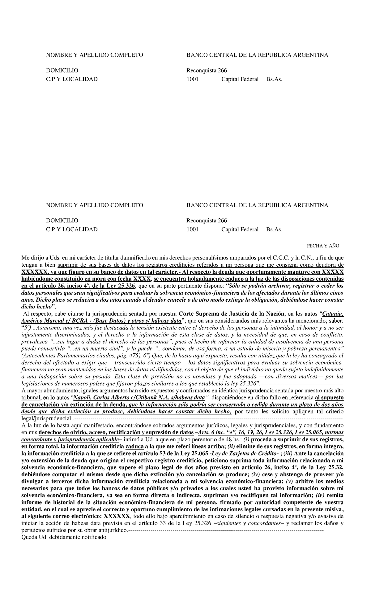 Modelo DE Carta Documento - NOMBRE Y APELLIDO COMPLETO BANCO CENTRAL DE LA REPUBLICA ARGENTINA ...