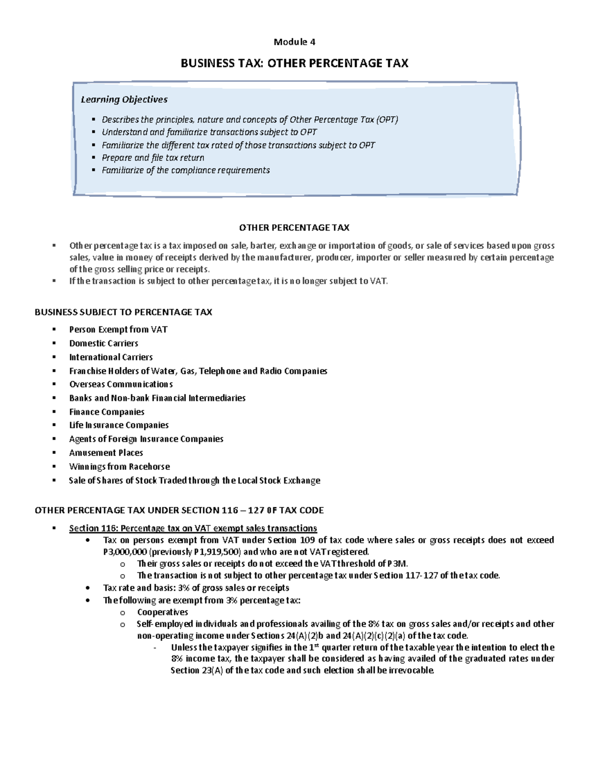 Module 4 Business Tax Other Percentage Tax - Lecture Notes - Module 4 ...