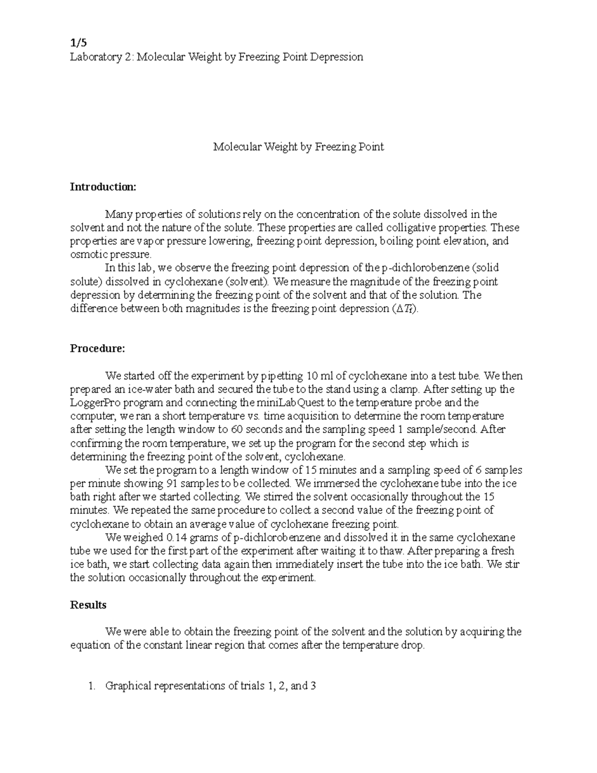 Molecular Weight by Freezing Point Depression (Lab 2) - Laboratory 2 ...