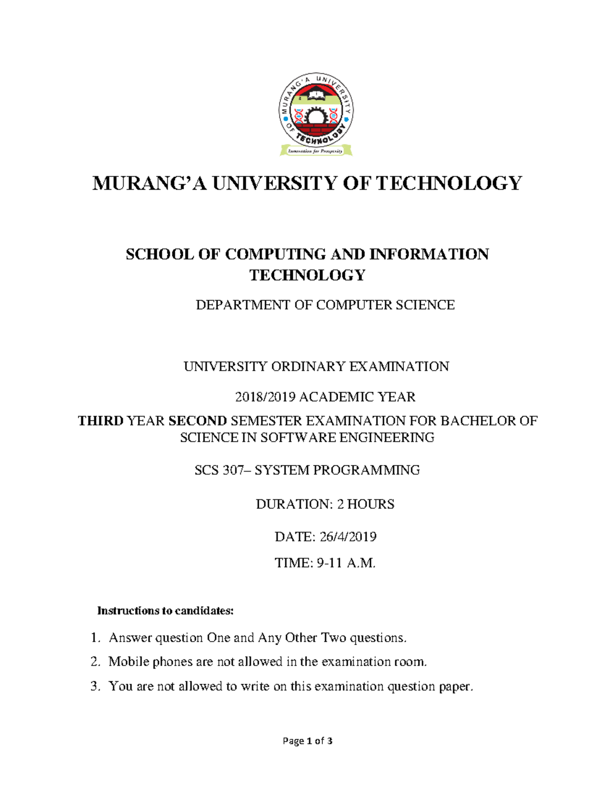 SCS 307 System Programming - Page 1 of 3 MURANG’A UNIVERSITY OF TECHNOLOGY SCHOOL OF COMPUTING ...