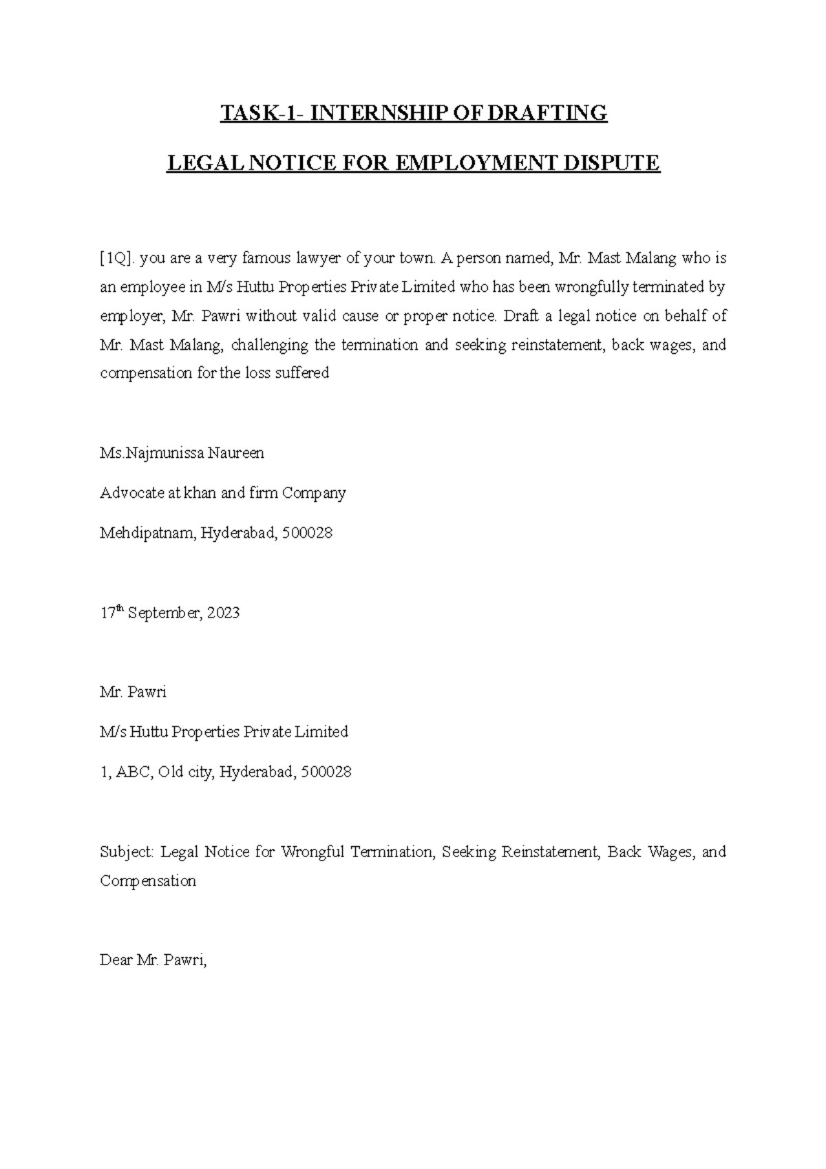 TASK-1- Legal Notice FOR Employment Dispute- Najmunissa Naureen ...