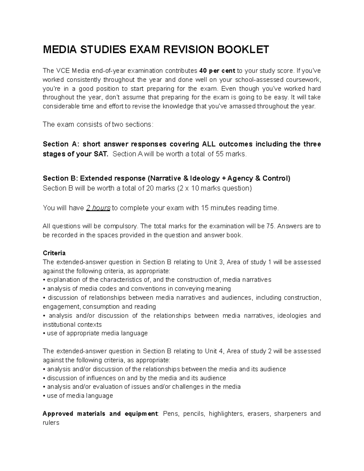 VCE Media - Exam Booklet 2021 - MEDIA STUDIES EXAM REVISION BOOKLET The ...