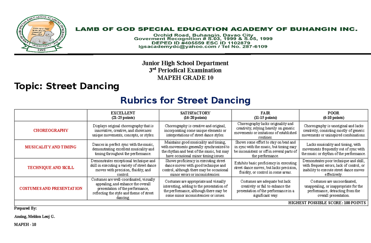 3RD Periodical Examination Street Dancing - Junior High School ...