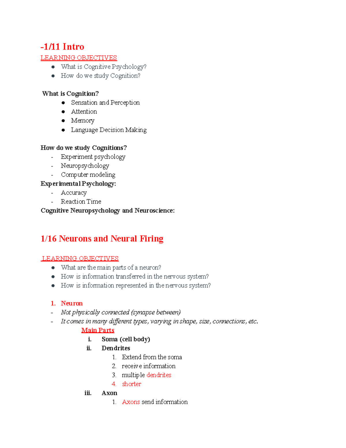 Pysc 230 Notes -1/11 Intro LEARNING OBJECTIVES What is Cognitive ...