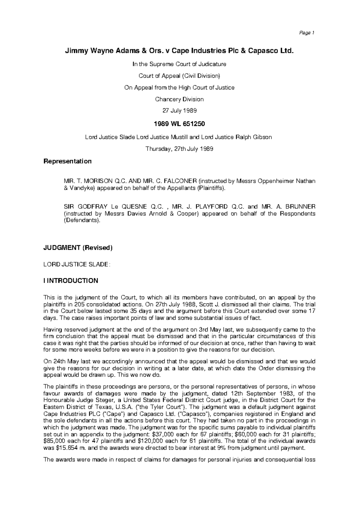 Adams v Cape Industries - Court of Appeal 1989 - Jimmy Wayne Adams ...