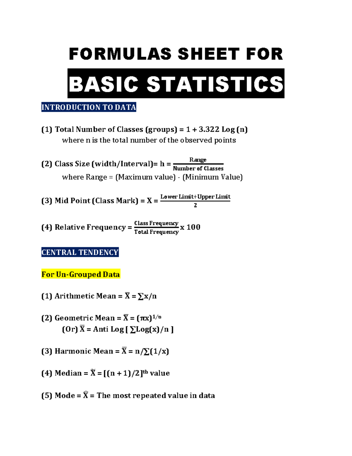Formulas Sheet FORMULAS SHEET FOR BASIC STATISTICS INTRODUCTION TO