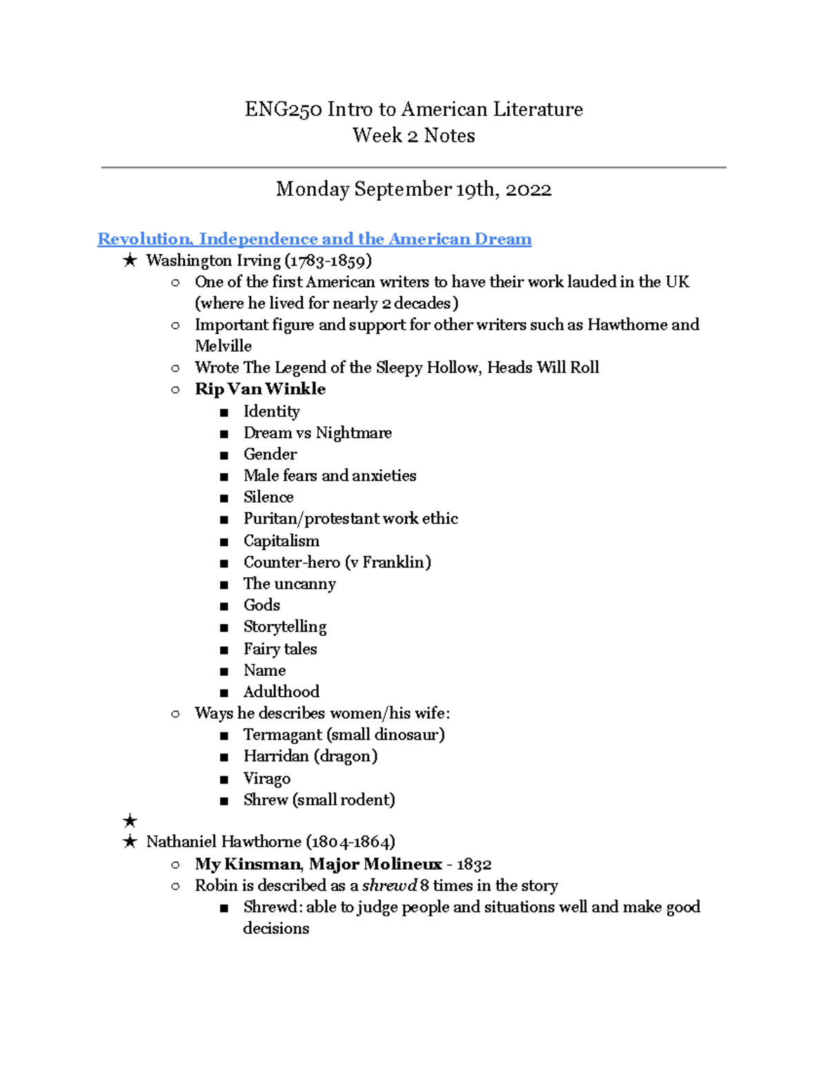 ENG250 Lecture Notes - Week 2 - ENG250 Intro to American Literature ...