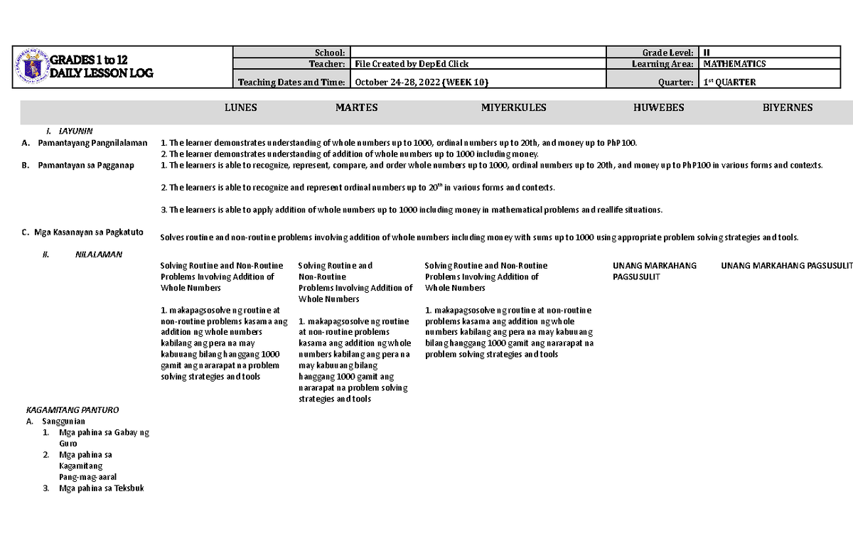 DLL Mathematics 2 Q1 W10 - GRADES 1 to 12 DAILY LESSON LOG School ...