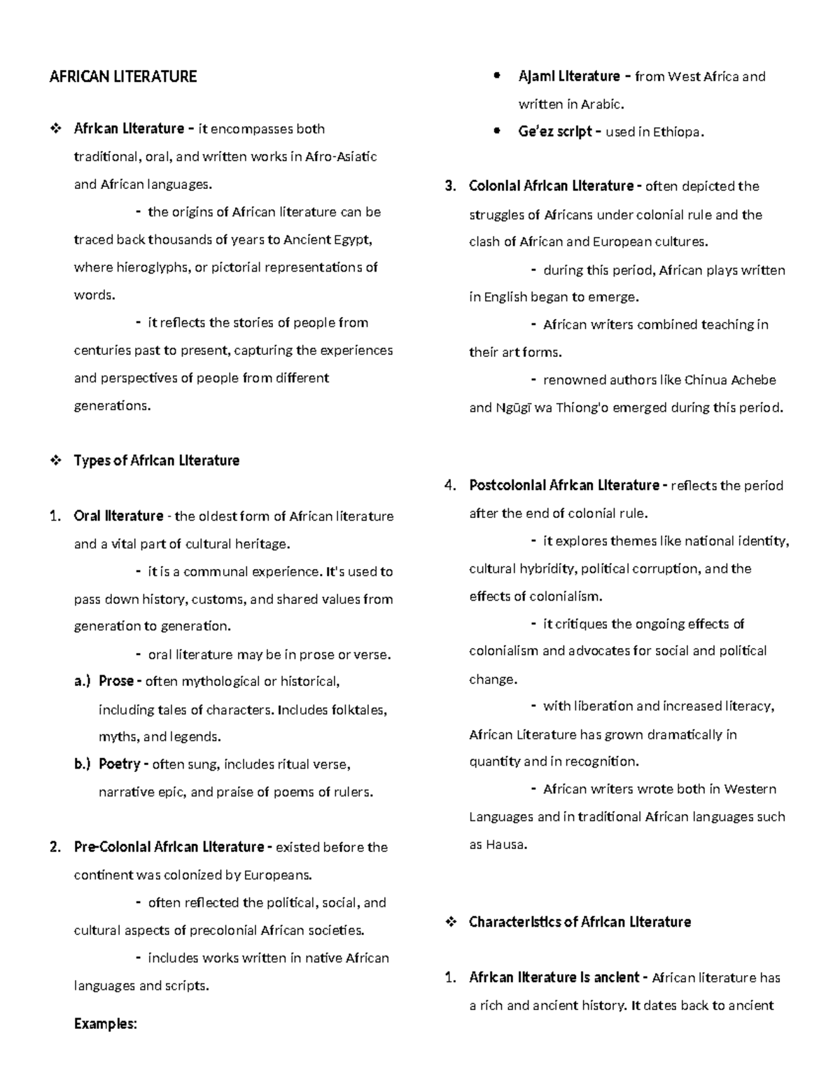 African- Literature Reviewer - AFRICAN LITERATURE African Literature ...