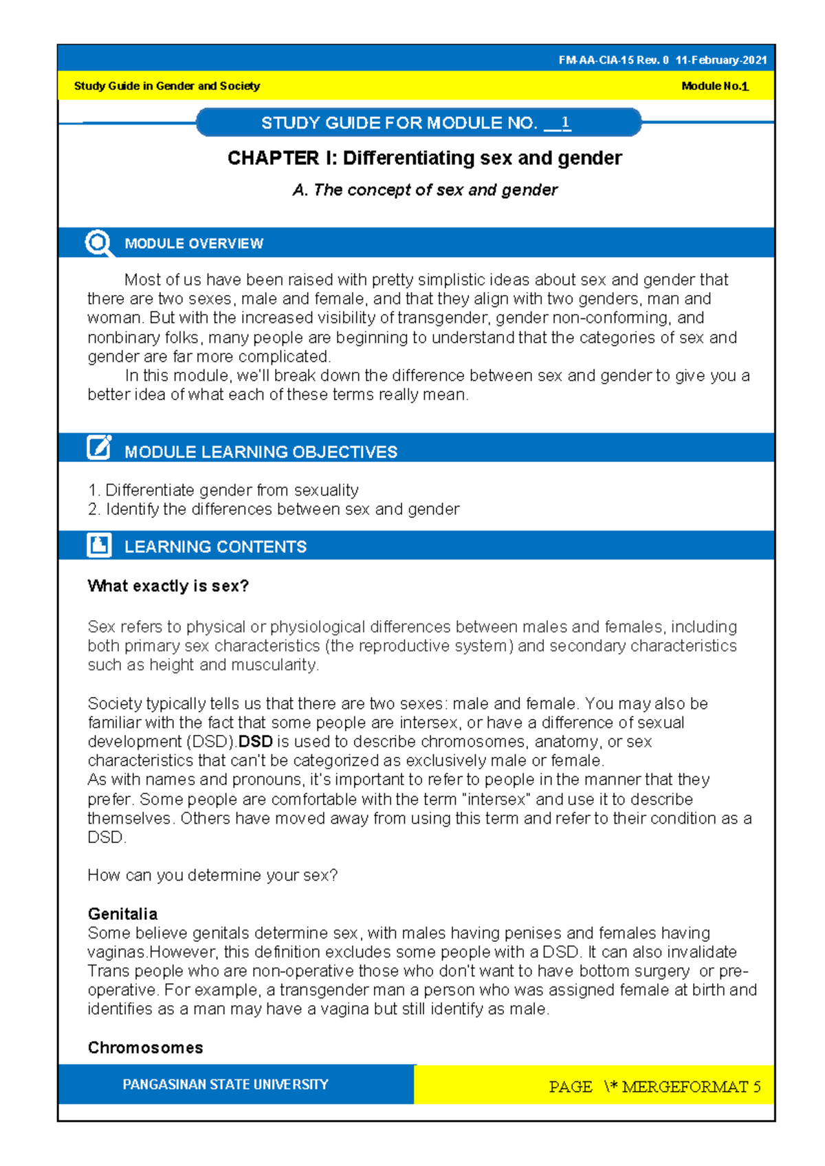 GEE2-Module-1 Sex-and-Gender - STUDY GUIDE FOR MODULE NO. ___ Study Guide in Gender and Society ...
