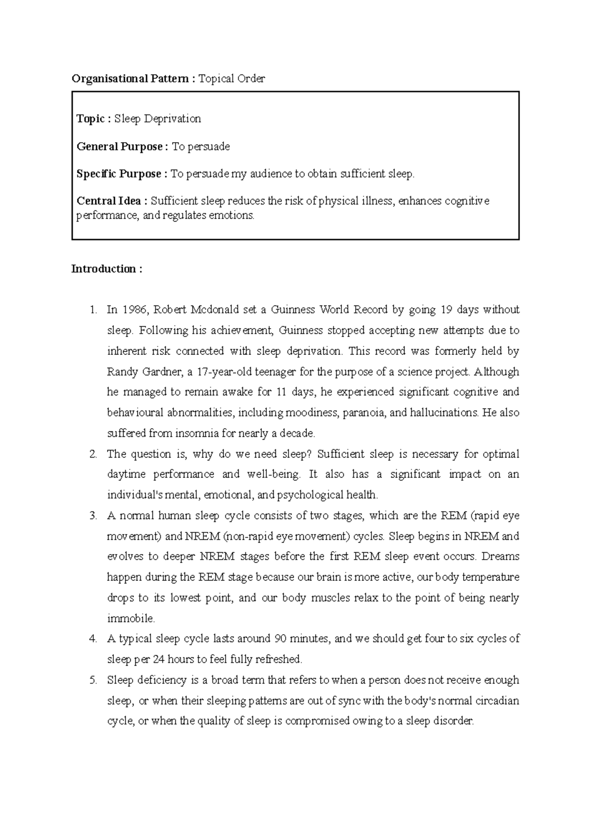 Individual Persuasive Speech - Organisational Pattern : Topical Order ...