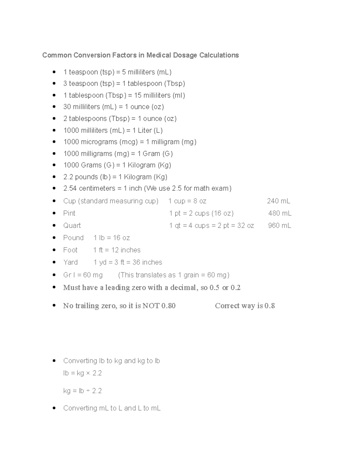Common Conversion Factors in Medical Dosage Calculations - No trailing ...