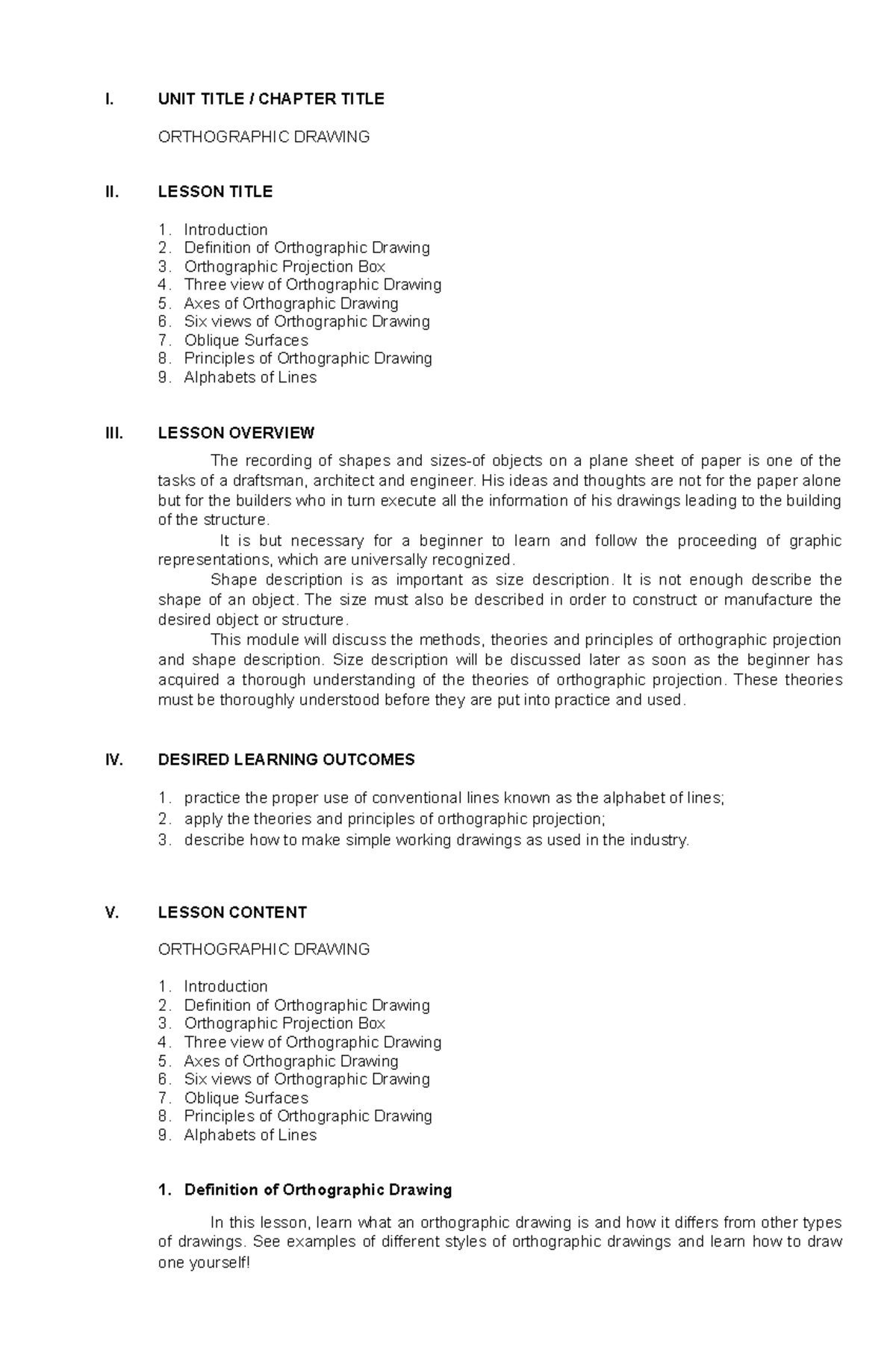 5 Technical Drawing 1 Chapter 5 - I. UNIT TITLE / CHAPTER TITLE ...