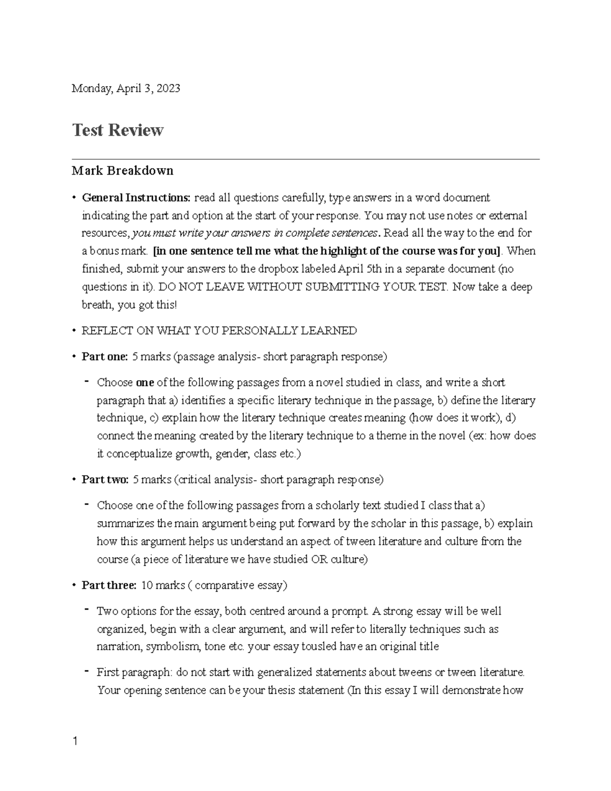 English:Test Review - Monday, April 3, 2023 Test Review Mark Breakdown ...