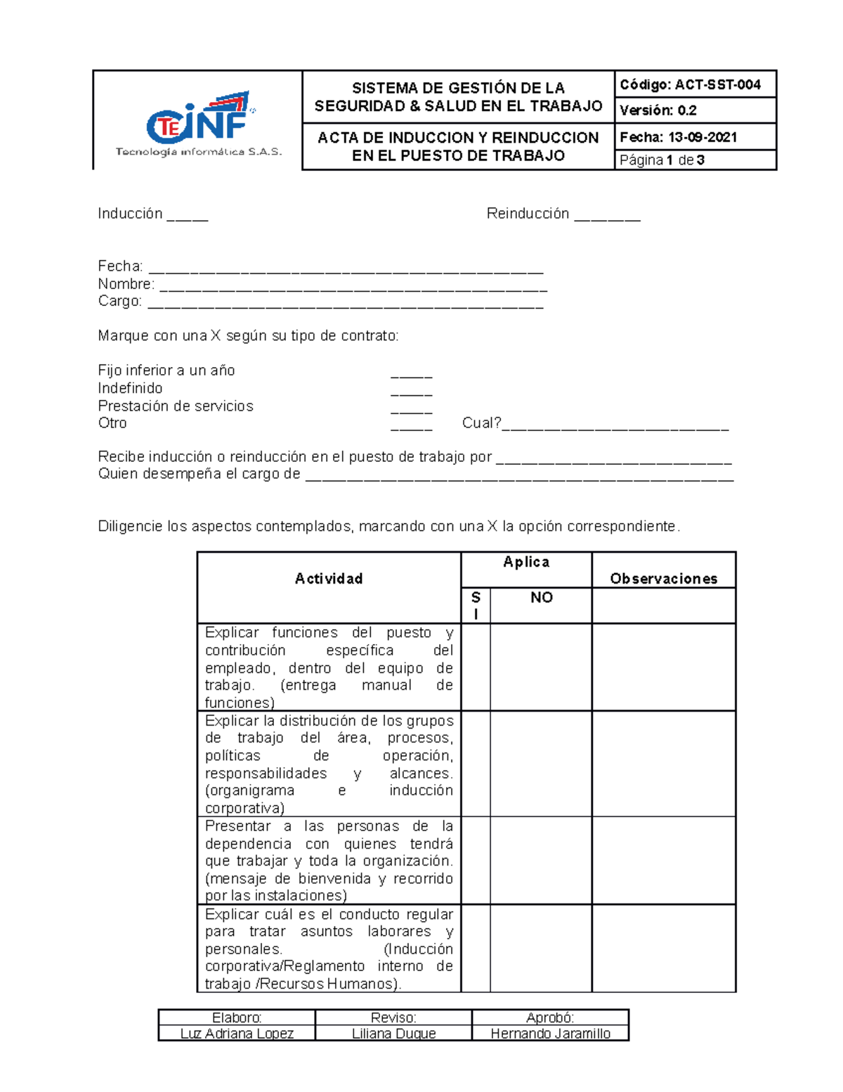 ACT SST 004 ACTA DE Induccion - SISTEMA DE GESTIÓN DE LA SEGURIDAD ...