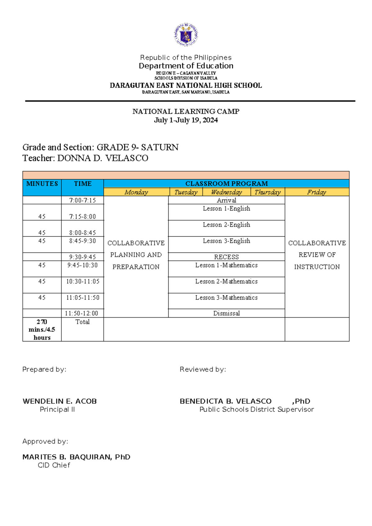 Daragutan EAST NHS NLC- Class- Program - Republic of the Philippines ...