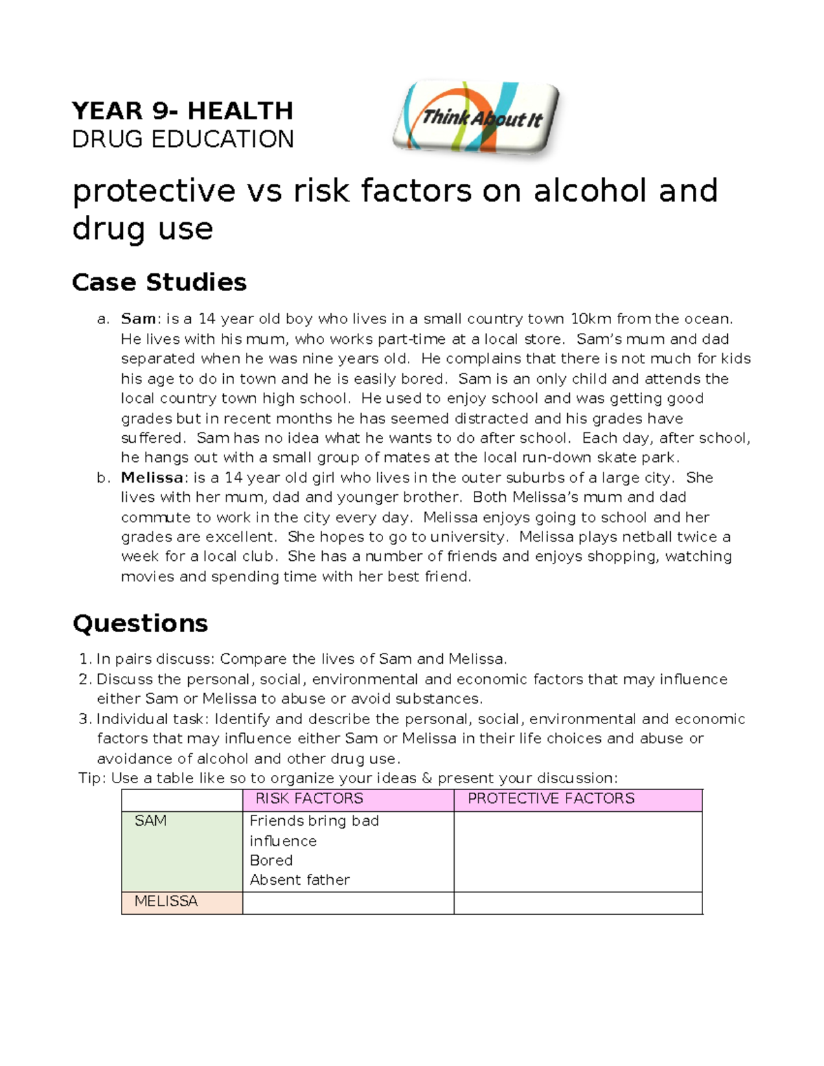 YEAR 9 - to read - YEAR 9- HEALTH DRUG EDUCATION protective vs risk ...