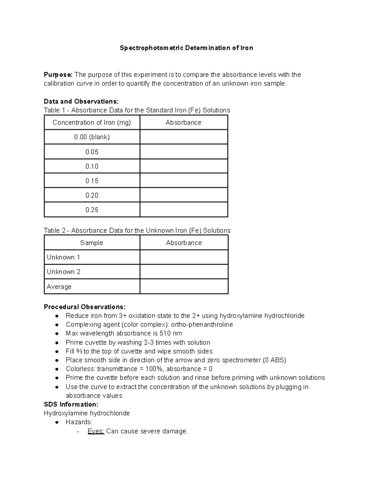 Pre-Lab (Fe) - Pre-Lab for Experiment Fe - Spectrophotometric ...