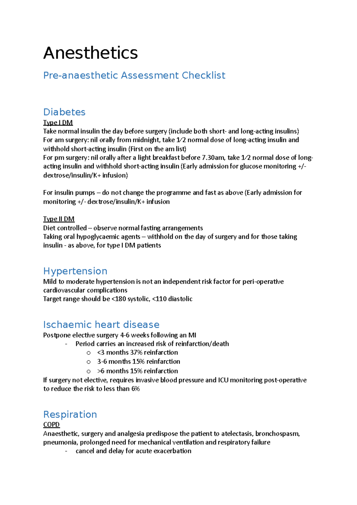 Anaesthetics Common Conditions - Anesthetics Pre-anaesthetic Assessment ...