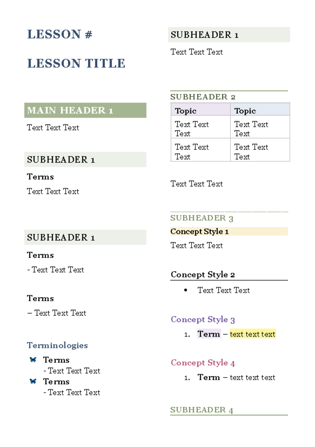 Notes a5 two columns template - LESSON LESSON TITLE MAIN HEADER 1 Text ...