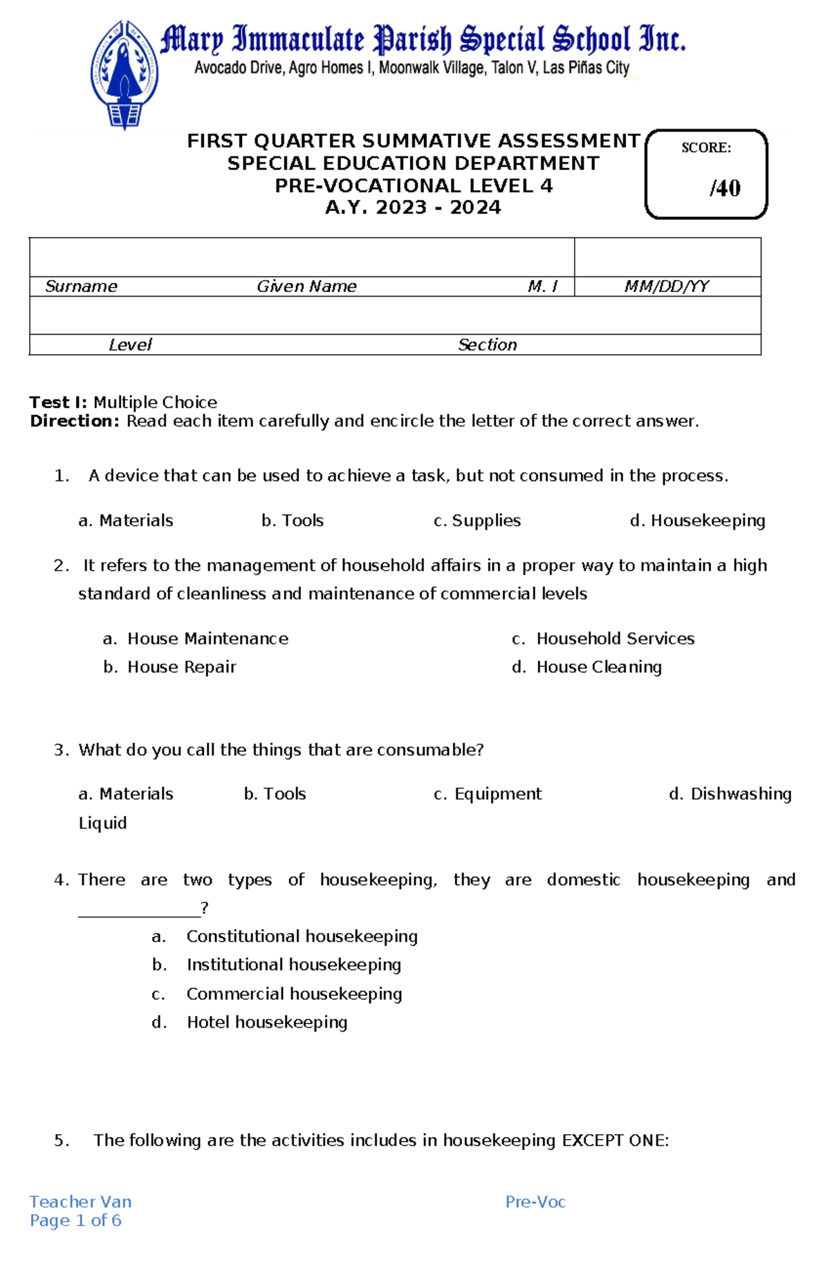 1st QSA Pre Voc OLPeace 2023-2024 - FIRST QUARTER SUMMATIVE ASSESSMENT ...