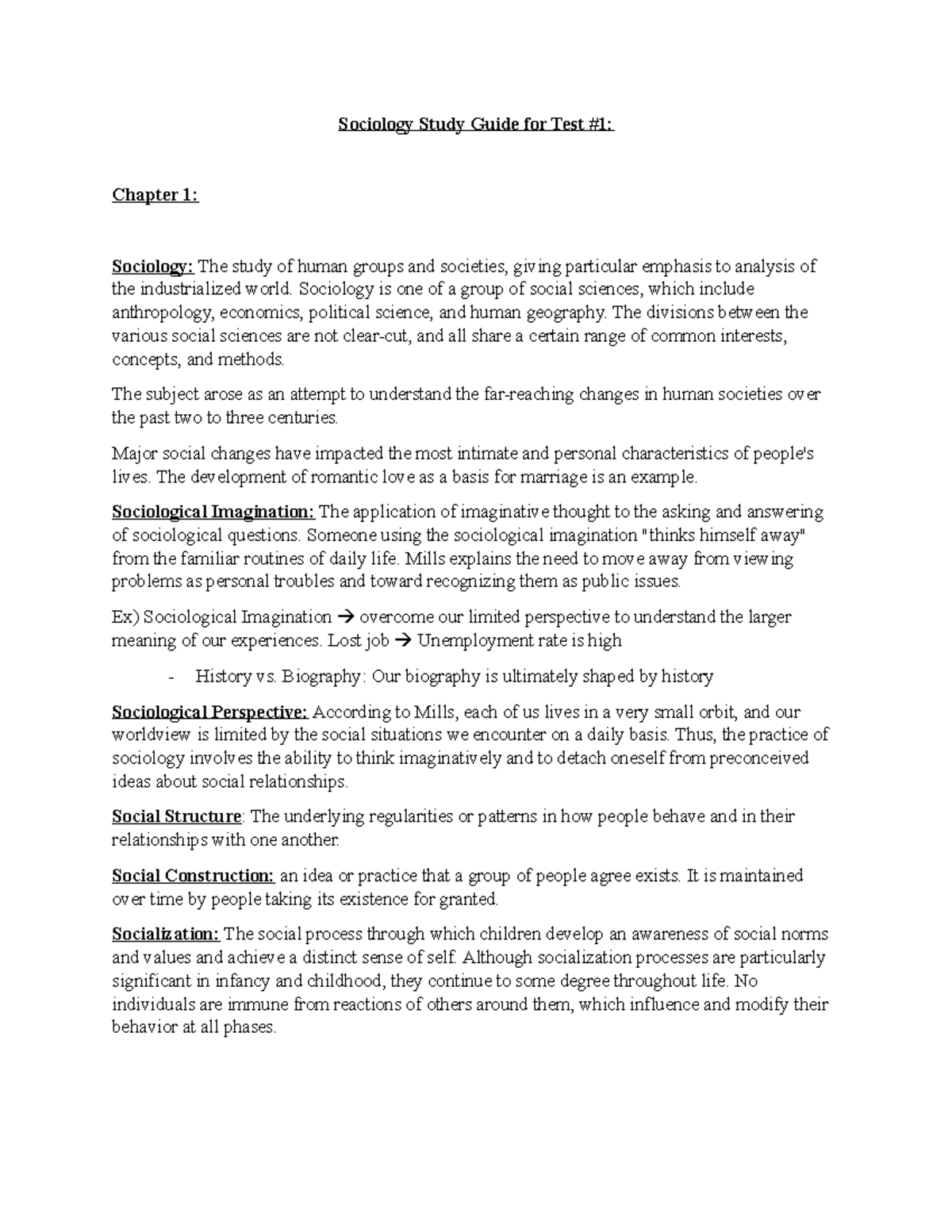 Sociology Study Guide for Test#1 - Sociology is one of a group of ...