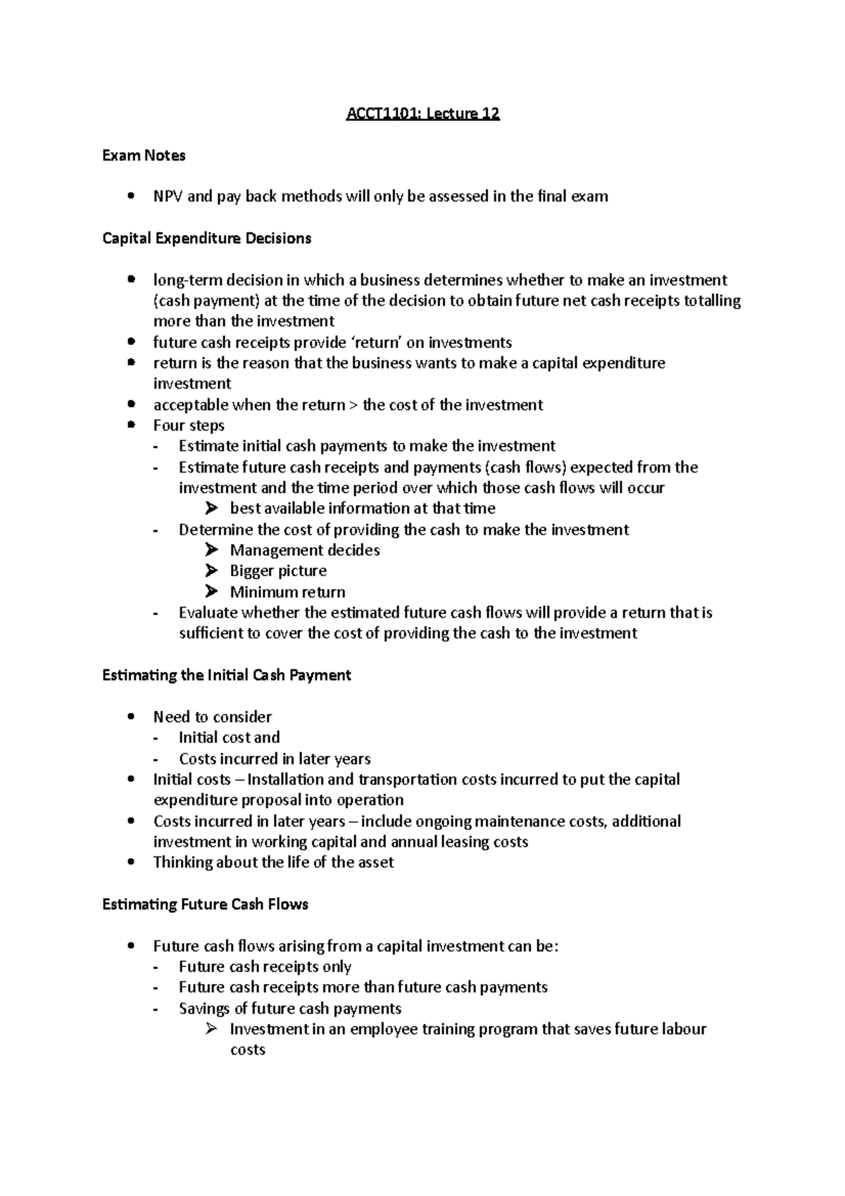 Acct1101 Lecture 12 Acct1101 Lecture 12 Exam Notes Npv And Pay Back Methods Will Only Be